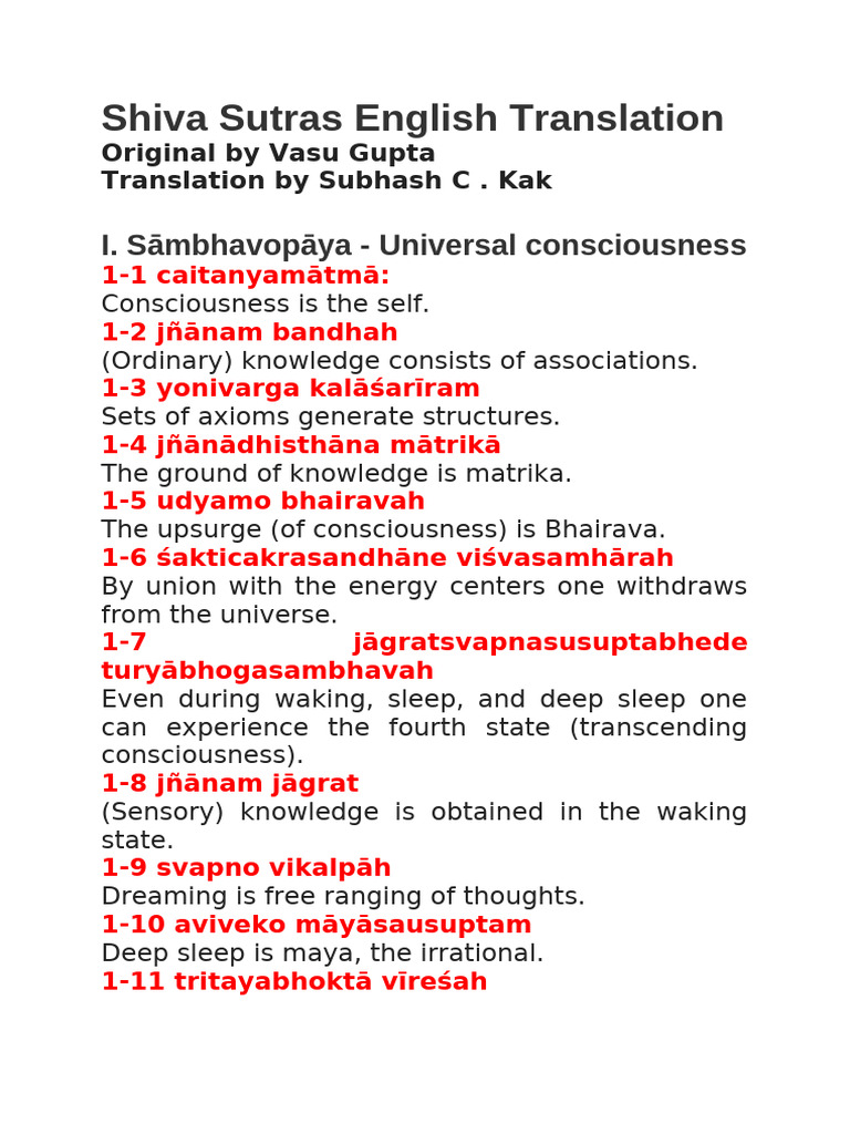 Shiva Sutras English Translation | PDF