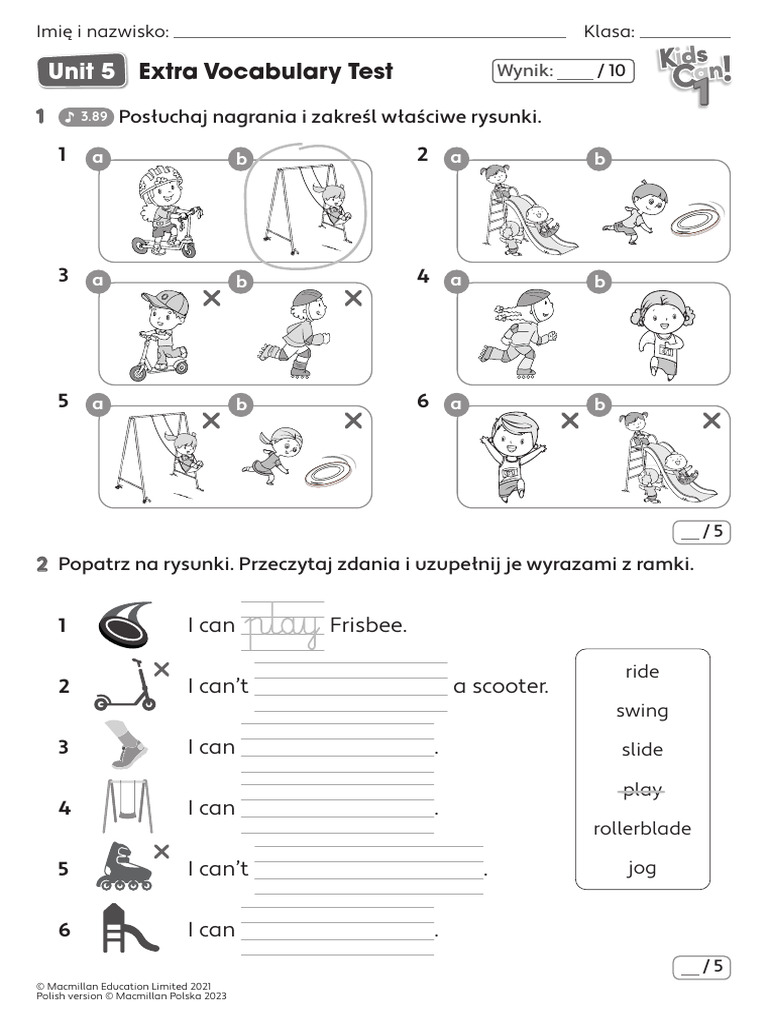Kids Can - 1 - Extra Vocabulary Test - Unit 5 | PDF