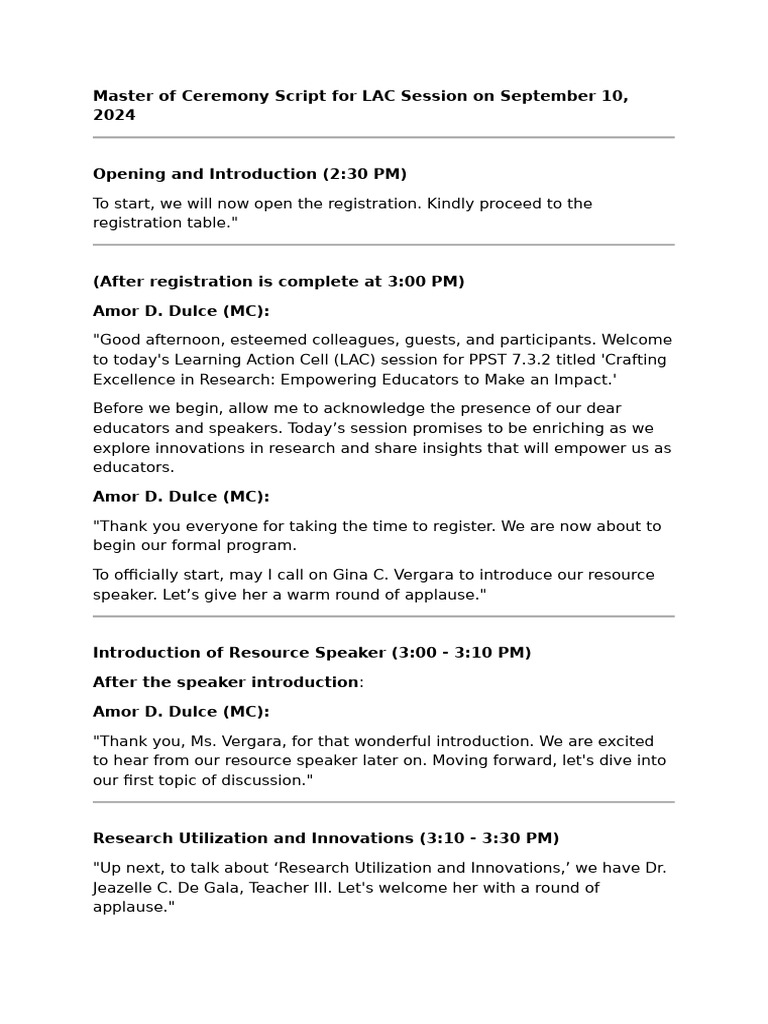 Master of Ceremony Script For LAC Session On September 10 | PDF