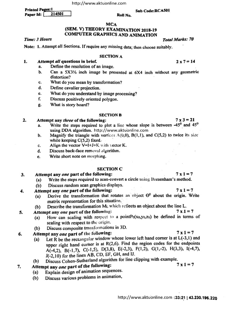 Mca 5 Sem Computer Graphics Rca 501 2018 19 | PDF