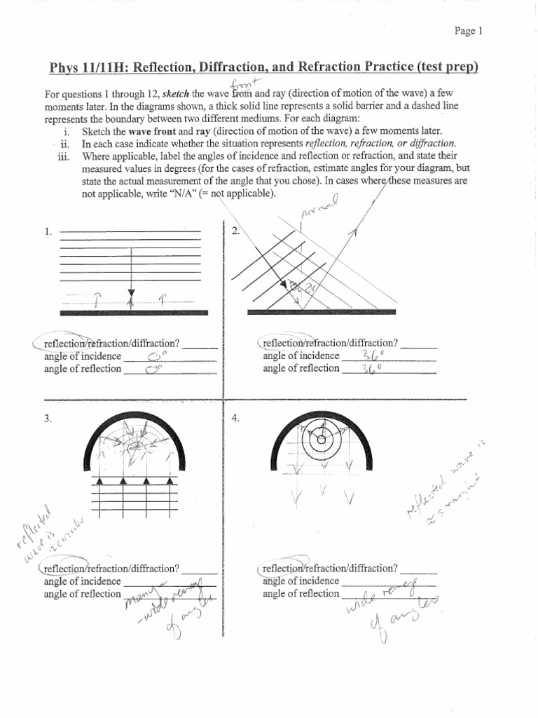 Worksheet - Reflection Diff Refraction - Answer Key | PDF