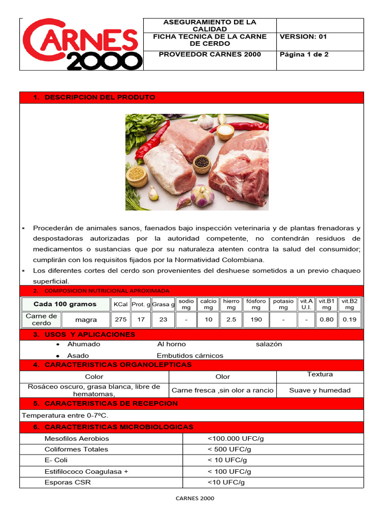 511548558 Ficha Tecnica de La Carne de Cerdo | PDF