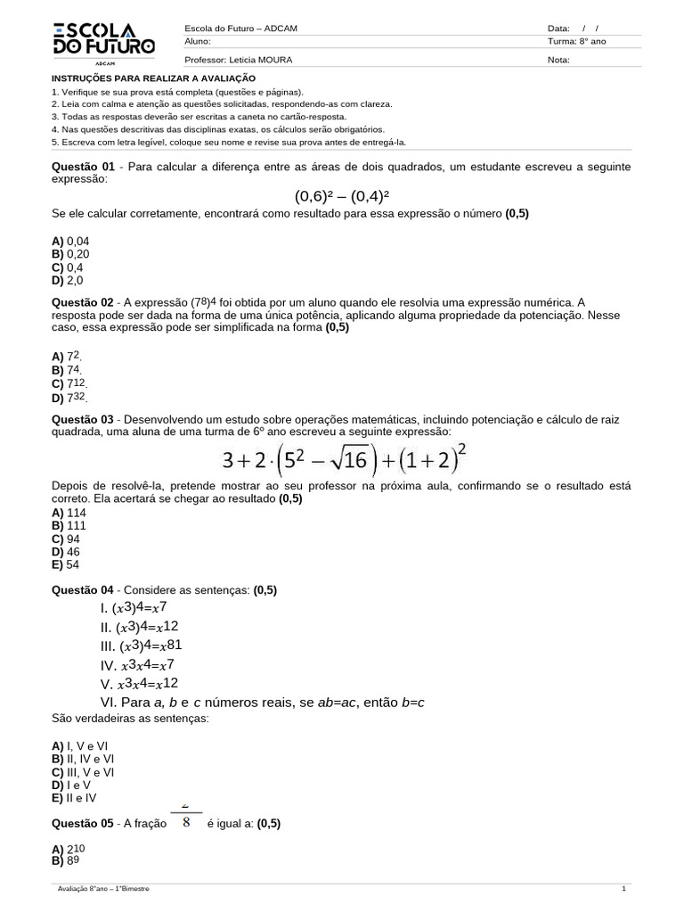 Prova 8 ano Normal | PDF