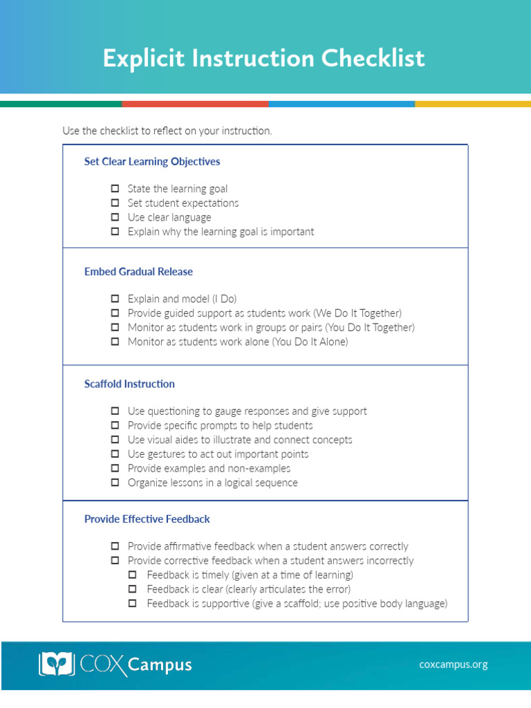 Explicit Instruction Checklist 1 1 | PDF