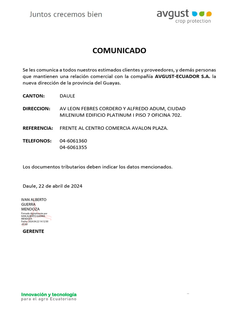 Comunicado Cambio de Direccion 22-04-24 | PDF | Negocios | Finanzas y dinero