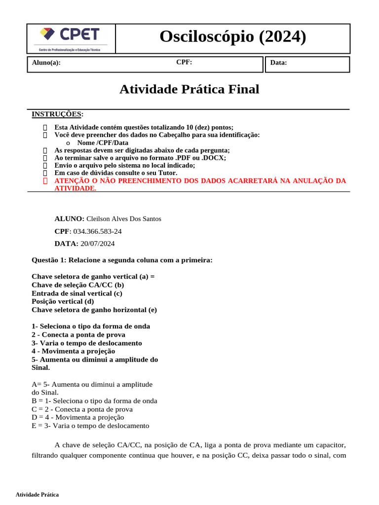 Atividade prática final 2024 Osciloscópio cleilson | PDF