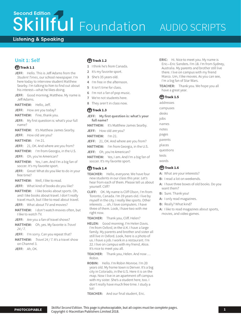 Sk2e - Foundation Listening and Speaking - Audio Scripts | PDF
