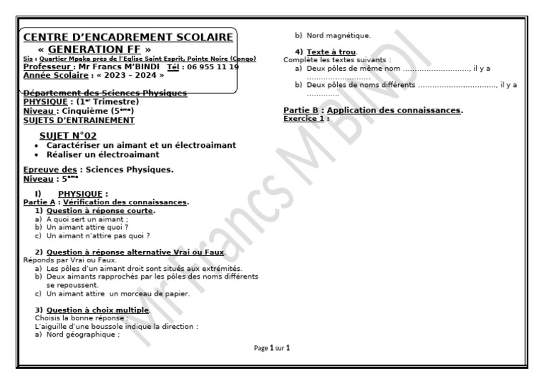 TD PHYSIQUE SUJET N°02 5ème OK | PDF