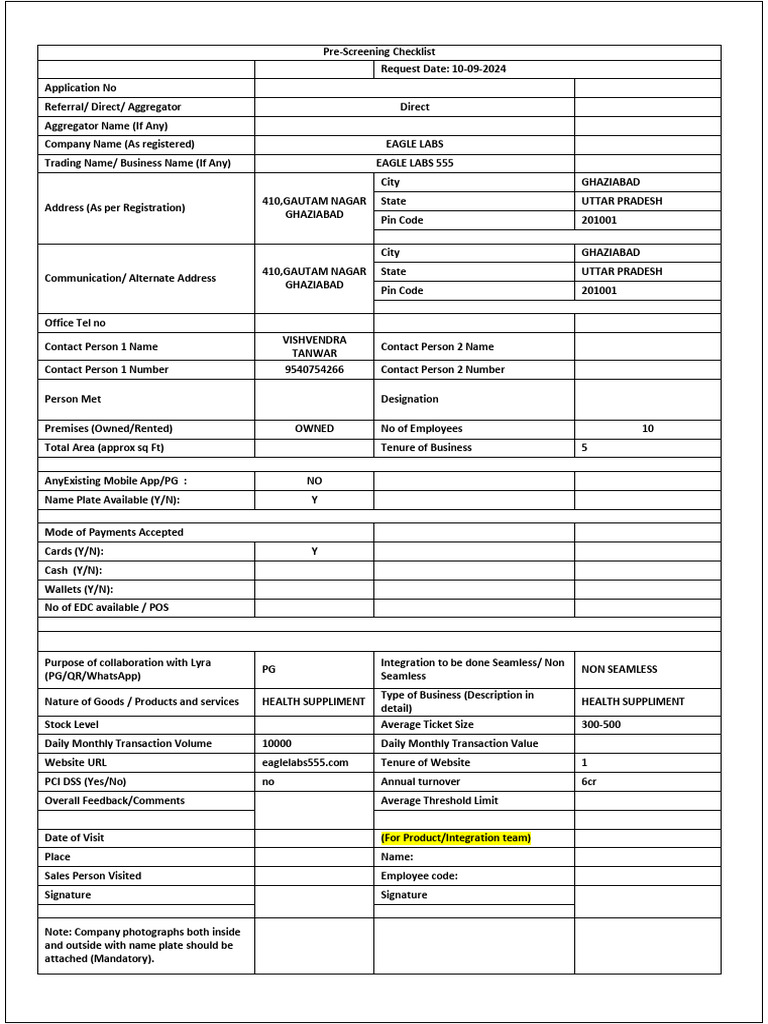 Pre-Screening Checklist Format New | PDF