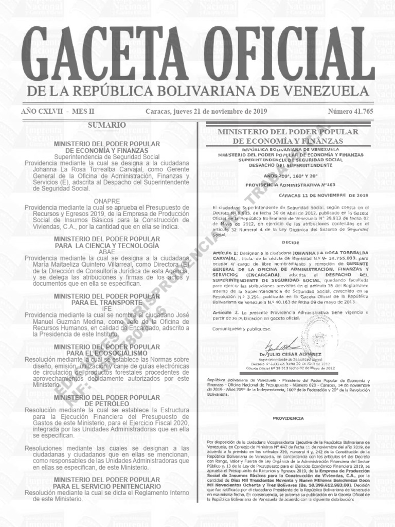 Gaceta Oficial 41.765 Canje de Guias 21.11-2019 | PDF | Economias