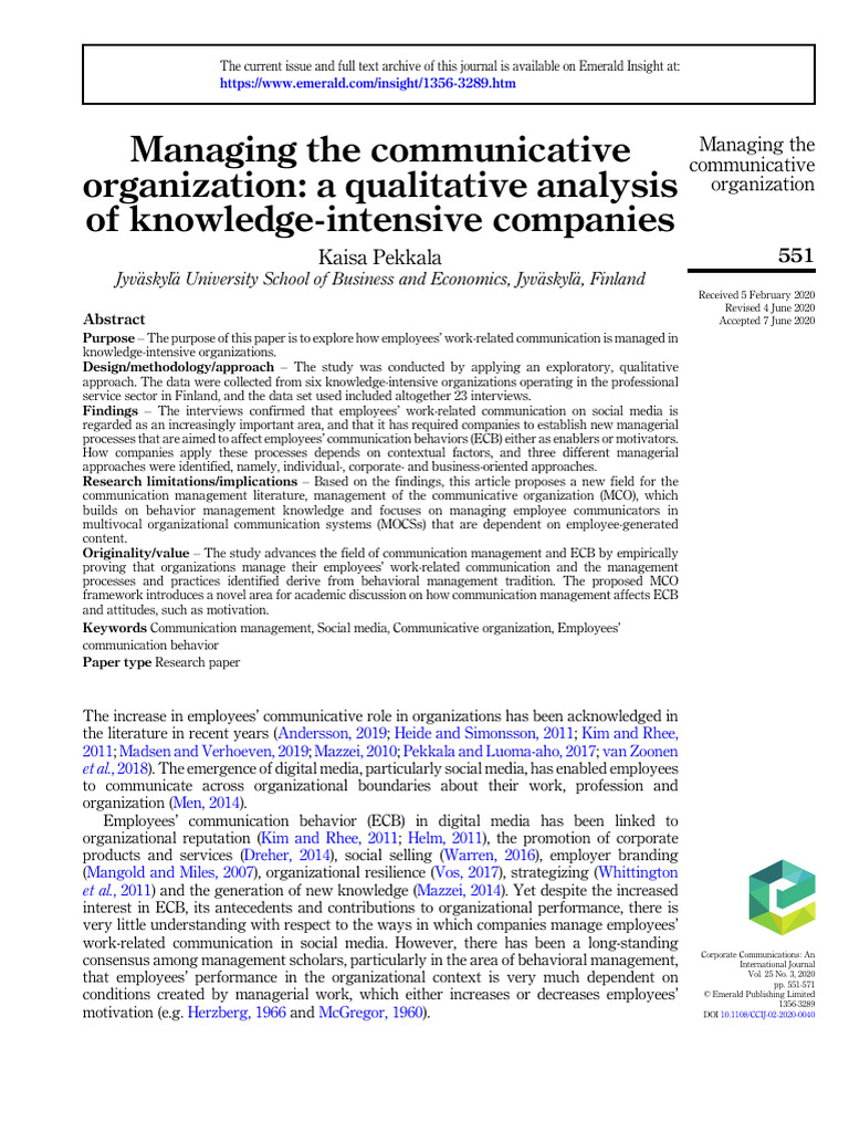Managing The Communicative Organization: A Qualitative Analysis of Knowledge-Intensive Companies ...