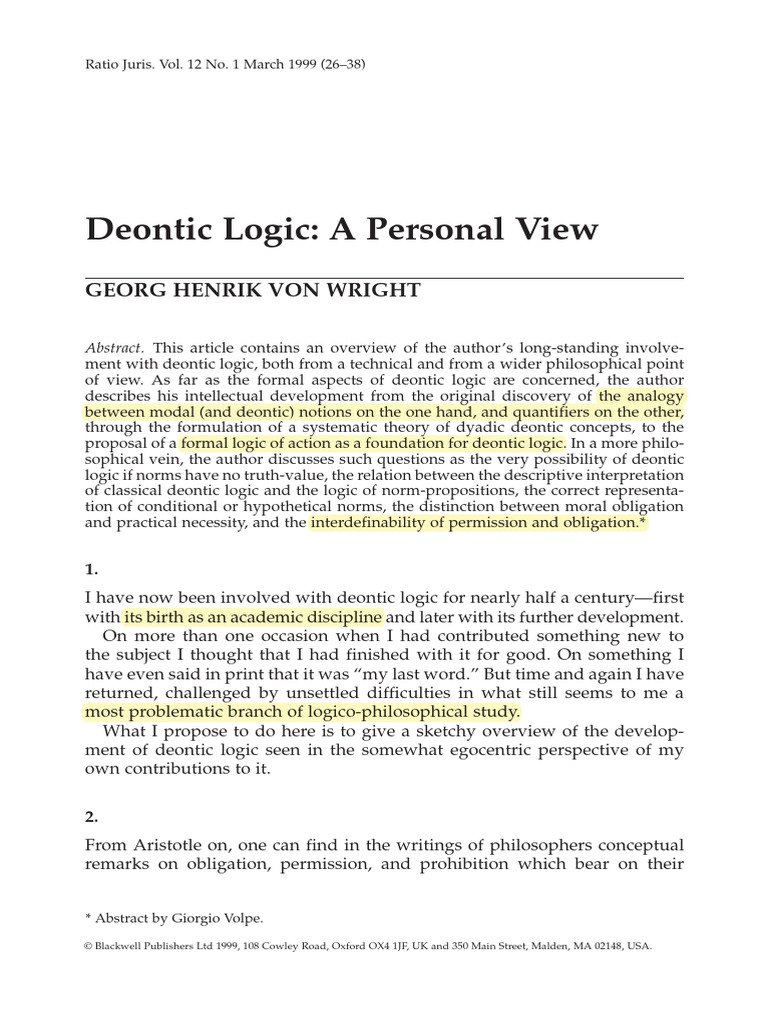 WRIGHT - Deontic Logic - A Personal View | PDF
