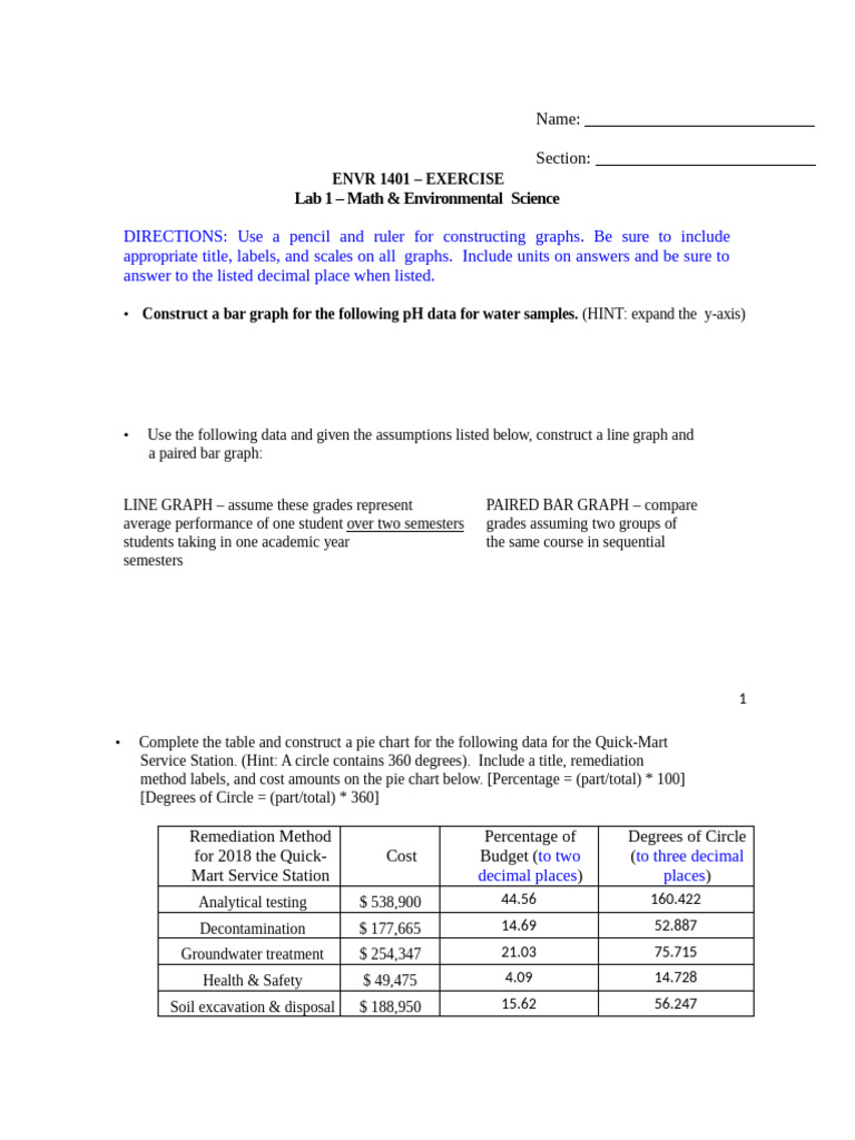 LAB 1 - Exercise - Math and Environmental Science Partially Solved 2 | PDF