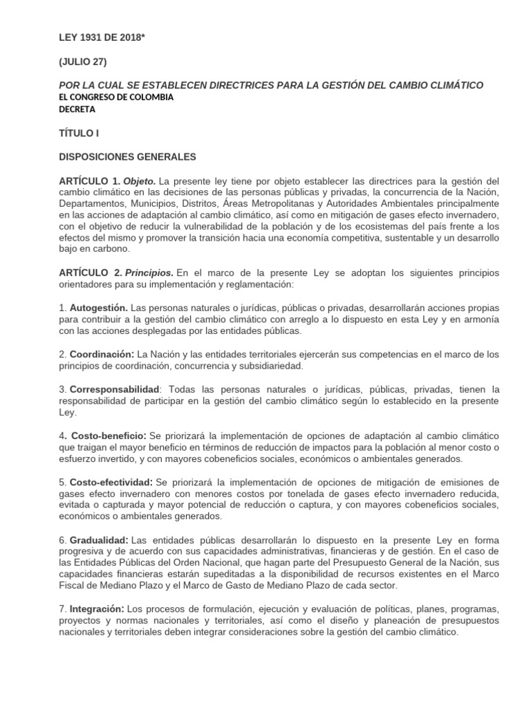 LEY 1931 DE 2018 de GESTION CLIMATICA COLOMBIA | PDF | Mitigación del ...
