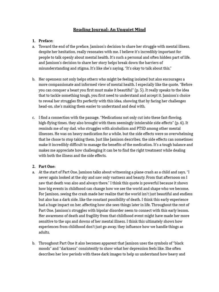 Reading Journal - An Unquiet Mind | PDF