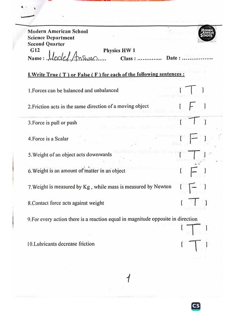 G12 Physics Revision 2 Model Answer +Hw1,2 | PDF