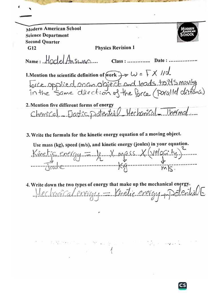 G12 Physics Revision 1 Model Answer | PDF