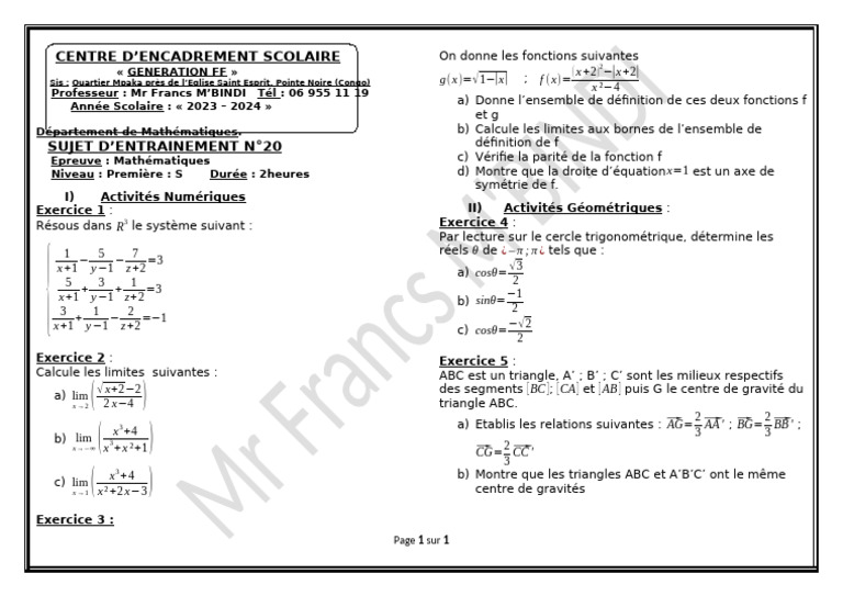 Sujet Maths PS N°20 A | PDF
