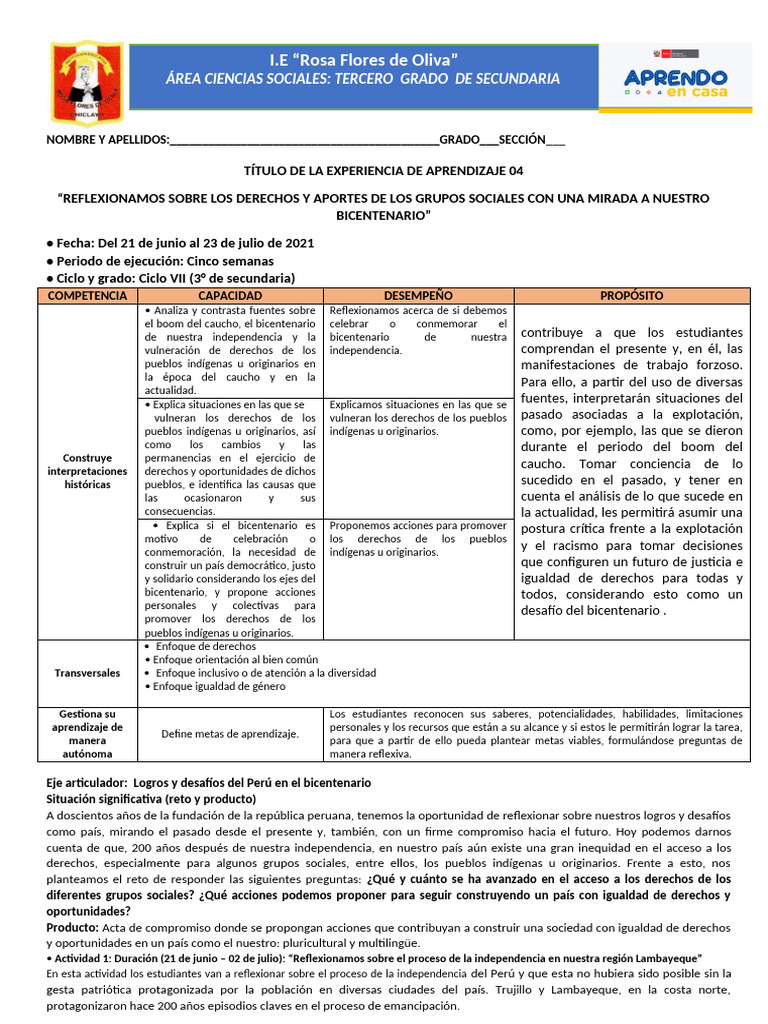 EXPERIENCIA DE APRENDIZAJE #04 CC. SS 3° Grado. | PDF