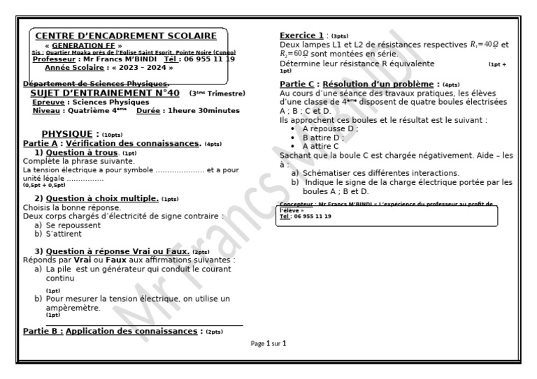 SUJET PYSIQUE 4ème (3ème T) 40 Ok Ok | PDF