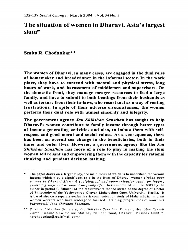 Chodankar 2004 The Situation of Women in Dharavi Asia S Largest Slum | PDF