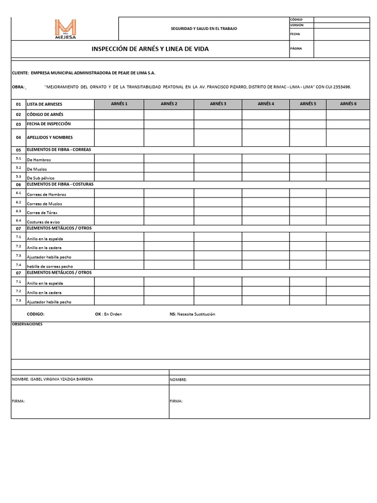 SST.F.012 Check List de Arnes y Linea de Vida | PDF