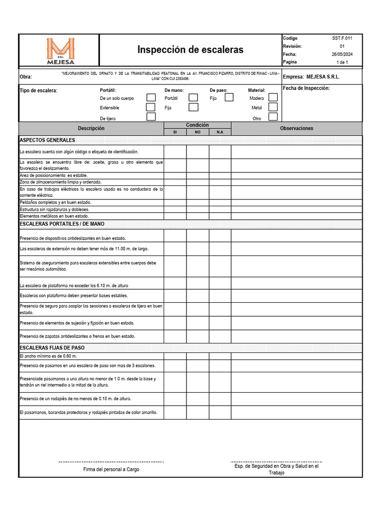 SST.F.011 INSPECCION DE ESCALERA | PDF SST.F.011 INSPECCION DE ESCALERA | PDF