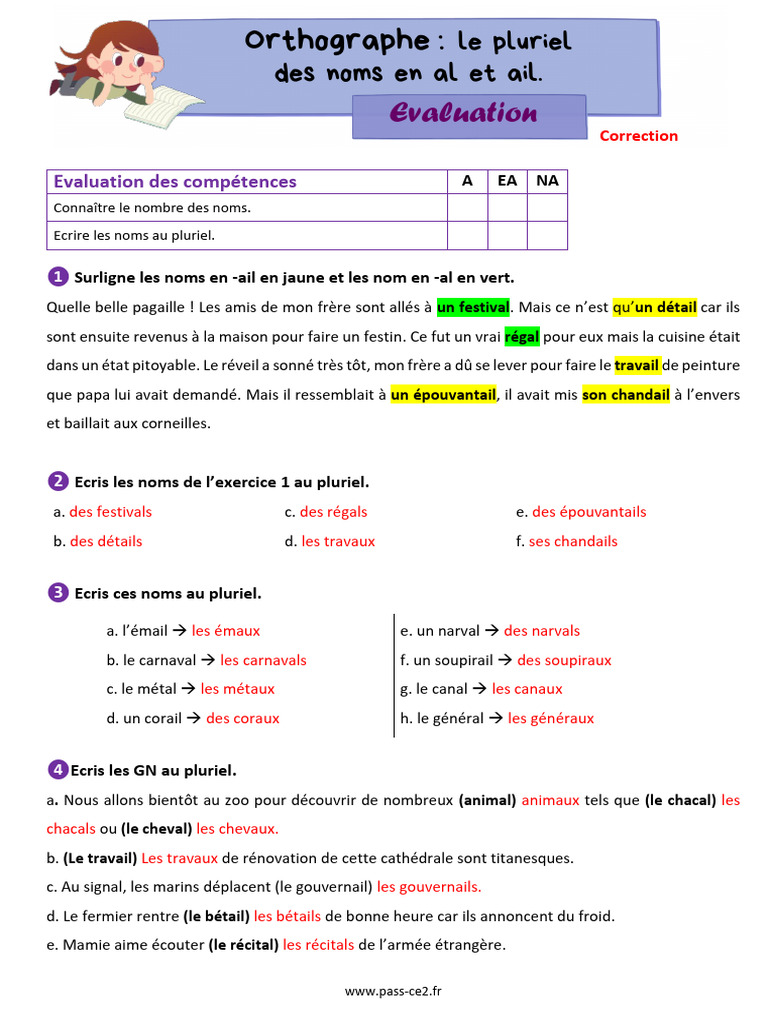 Pece2 Evaluation Correction CE2 Le Pluriel Des Noms en Al Et Ail | PDF