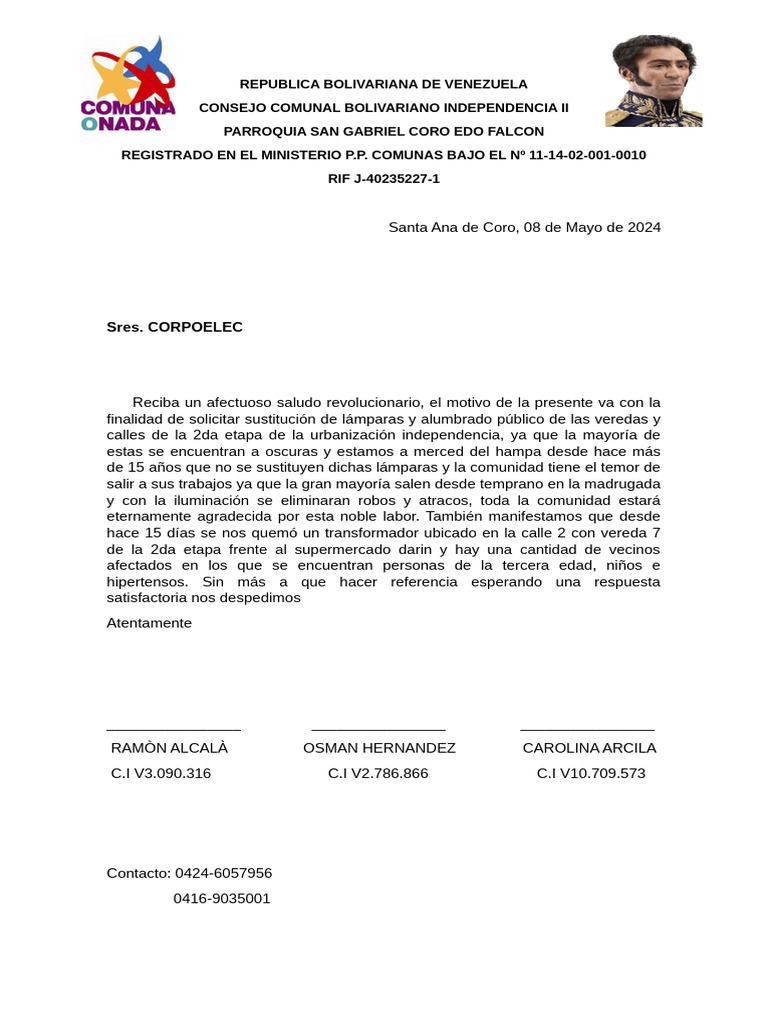 Oficio Consejo Comunal Independencia | PDF