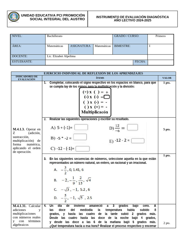 Eval. Diag. Matemáticas - Primero | PDF | Multiplicación | Notación Matemática