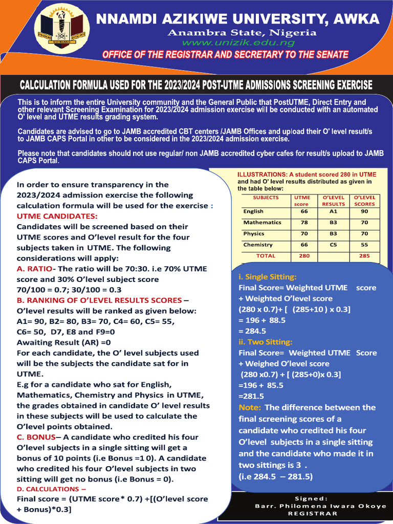 Calculation Formula Used For The 2023 2024 Post Utme Admissions Screening Exercise1 | PDF