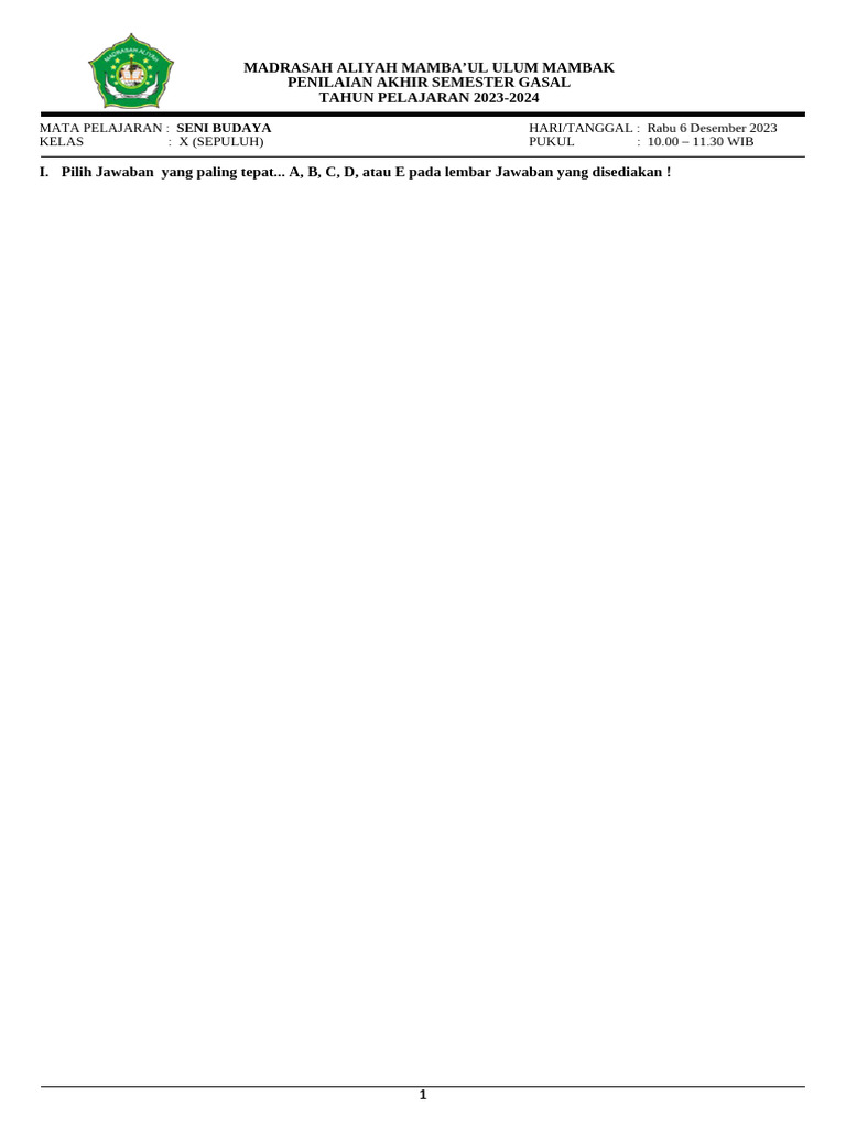 Soal PAS Seni Budaya Kelas X | PDF Soal PAS Seni Budaya Kelas X | PDF