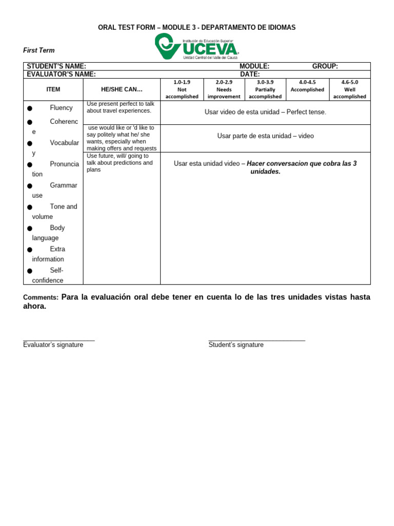 ORAL TEST FORM (Module 3) - First Oral Evaluation. | PDF