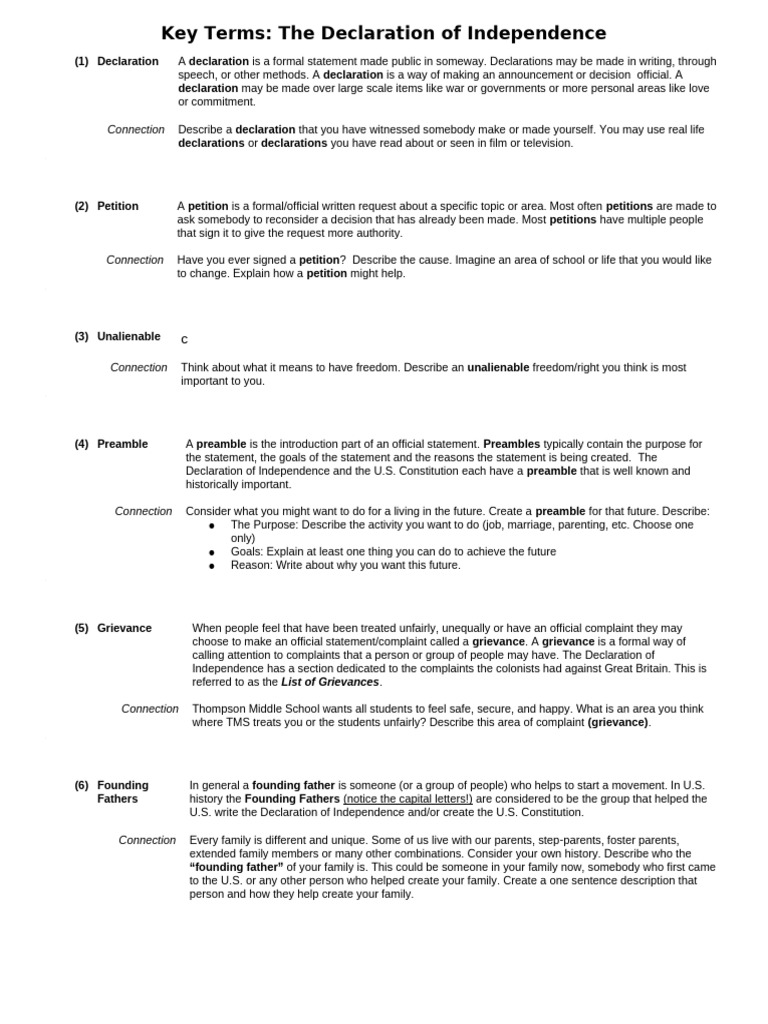 Declaration of Independence Key Term Dictionary | PDF