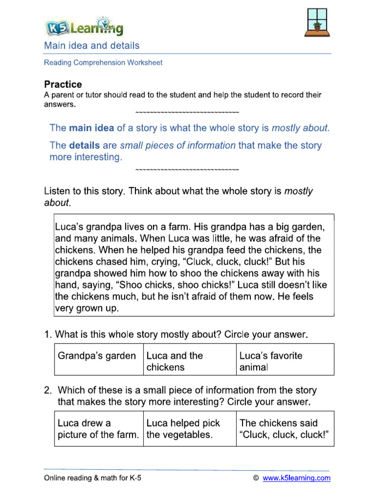 Reading Comprehension Main Idea Exercise 1 | PDF