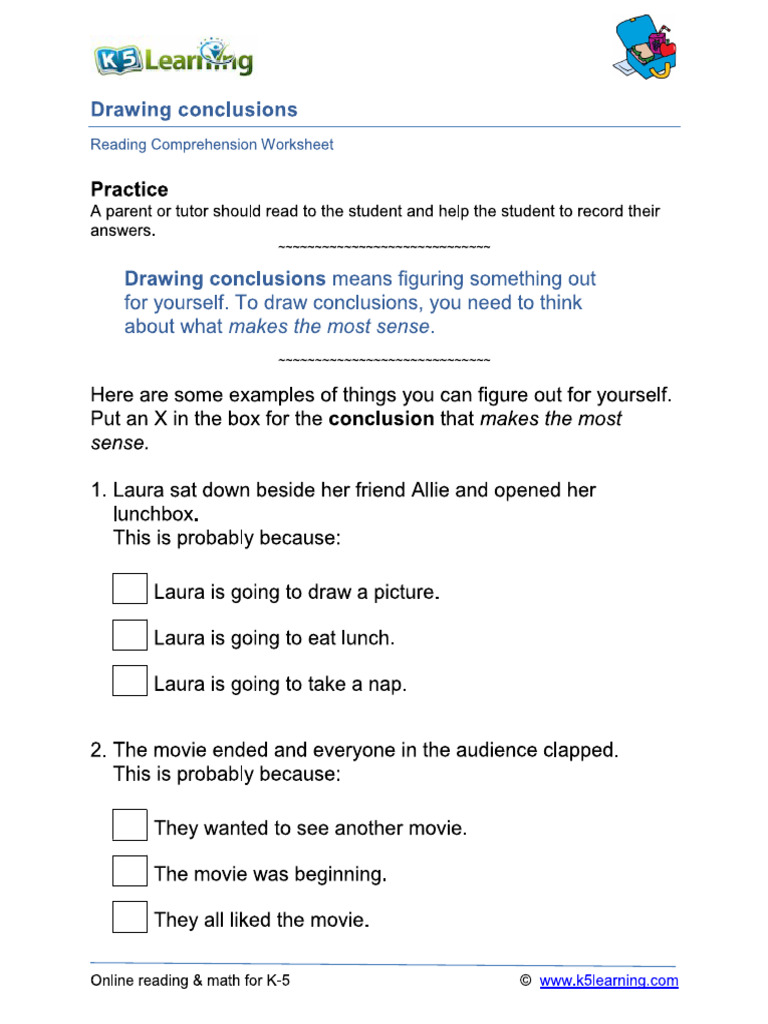 Reading Comprehension Drawing Conclusions Exercise 1 | PDF