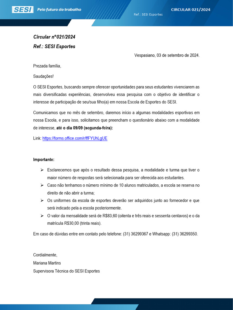 021 - Circular - Escola de Esportes | PDF