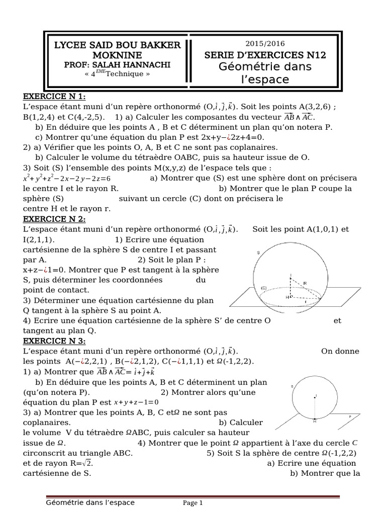 Géométrie Dans L Espace 2015 2016 (Hannachi Salah) (Said Boubaker Moknine Monastir) | PDF
