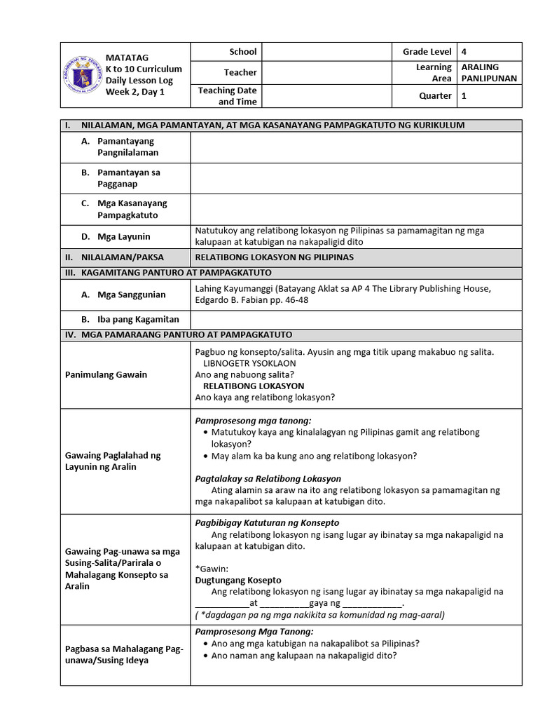 DLL Matatag AP - 4 - Q1 - W2 - Day 1 | PDF