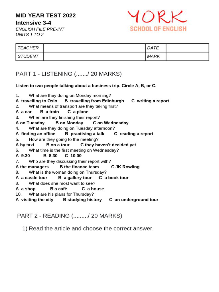 Mid Year Test Intensive 3-4 | PDF