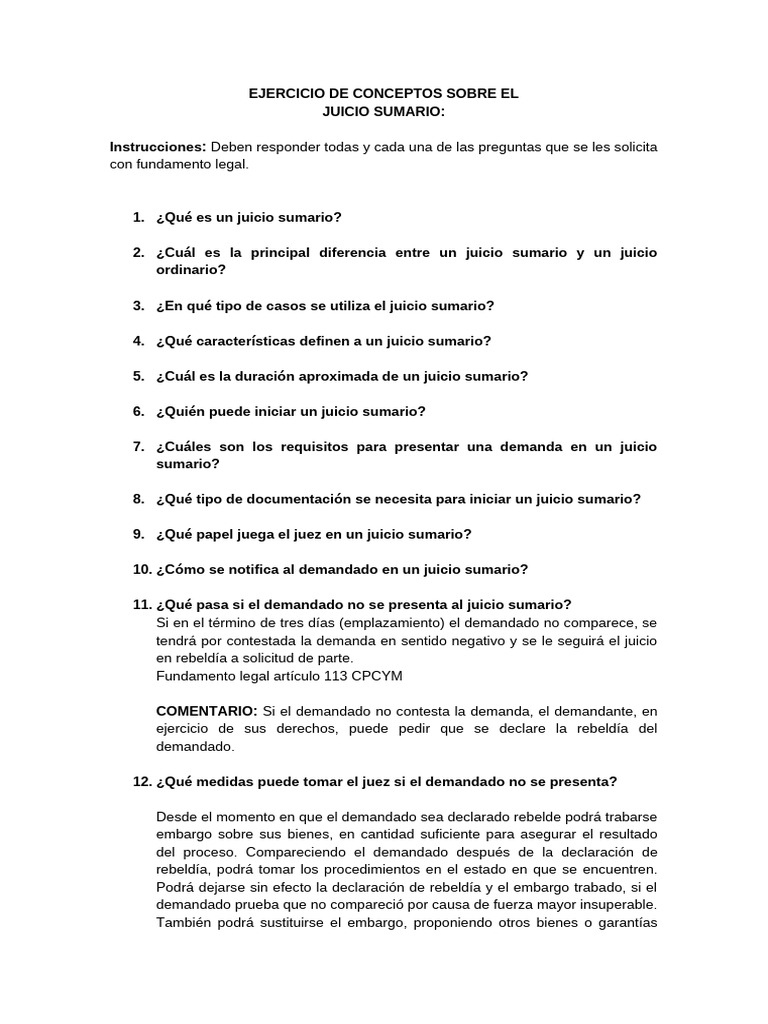 Ejercicio de Conceptos Sobre El Juicio Sumario para El 27-7-2024 | PDF