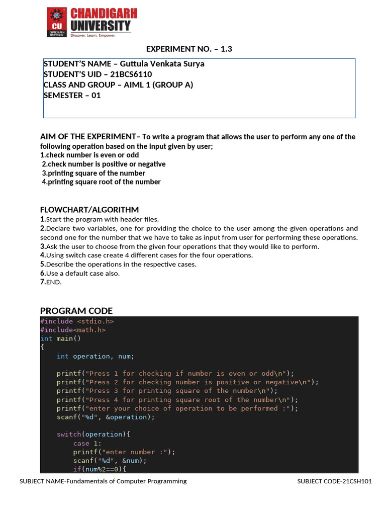 FOCP Experiment 1.3 (21BCS6110) | PDF | C (Programming Language) | Computers