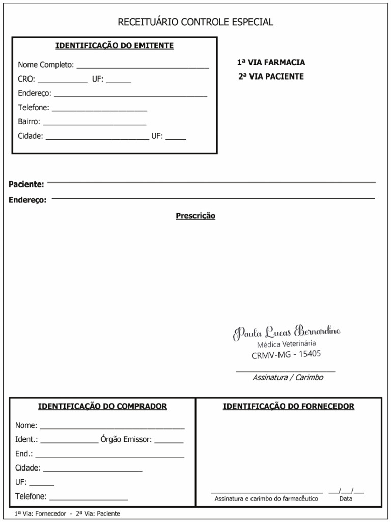 Receita C1 Receituario Controle Especial Veterinário para Estudo | PDF