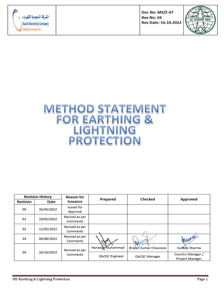 E.7. Method Statement For Earthing & Lightning Protection | PDF