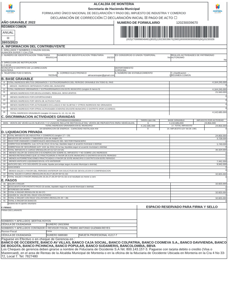 Declaracion ICA Almacen Super y CIA Ltda 2022 Ivan | PDF