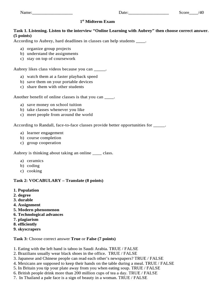1st Midterm (2nd Year Students) | PDF