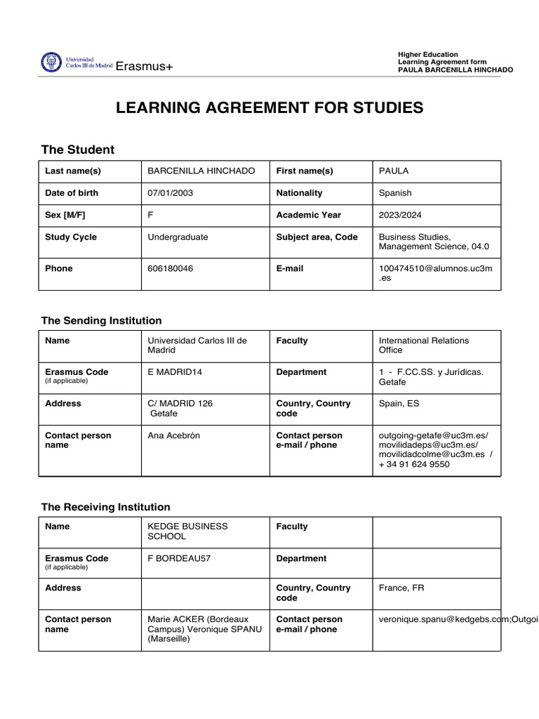 Learning Agreement | PDF