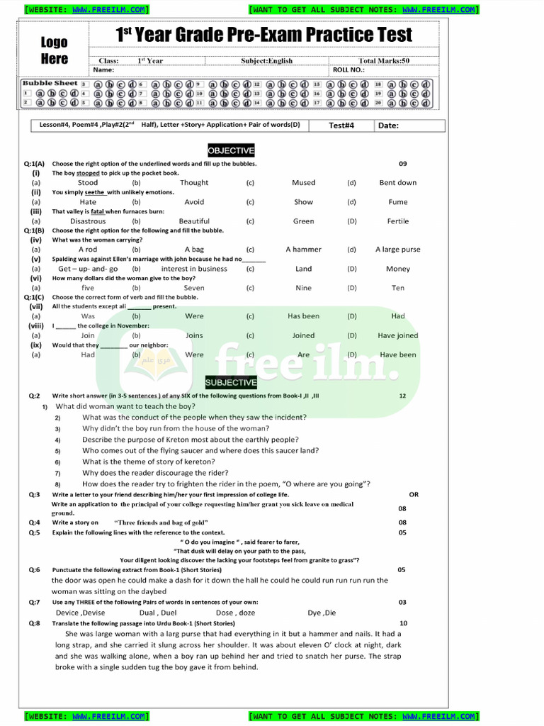 11th English Test Paper 4 | PDF
