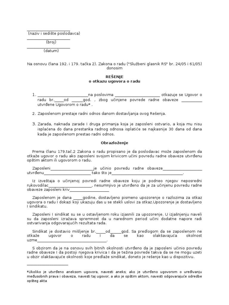 Rešenje o otkazu ugovora o radu usled povrede radne obaveze