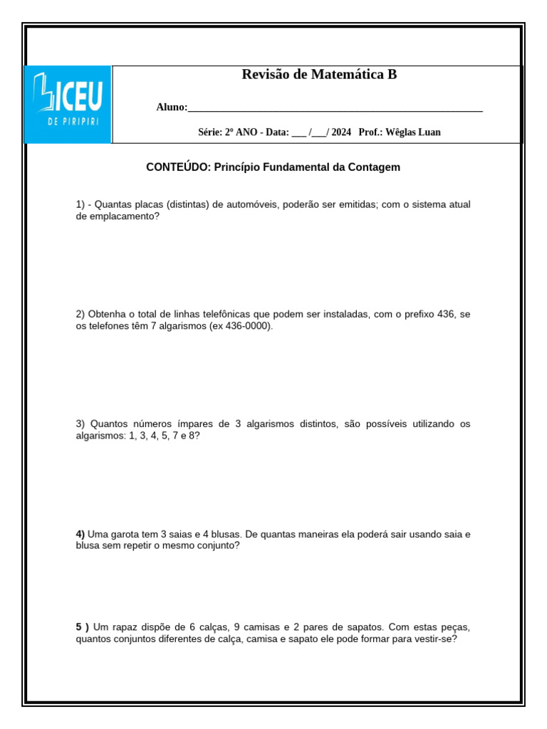 Lista de Exercicios - Contagem | PDF